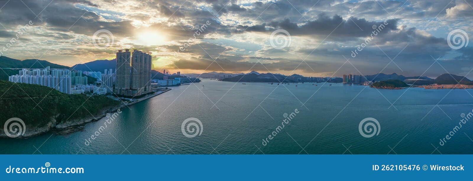 Panoramic Shot of a Breathtaking Coastal City at Dusk Stock Photo ...