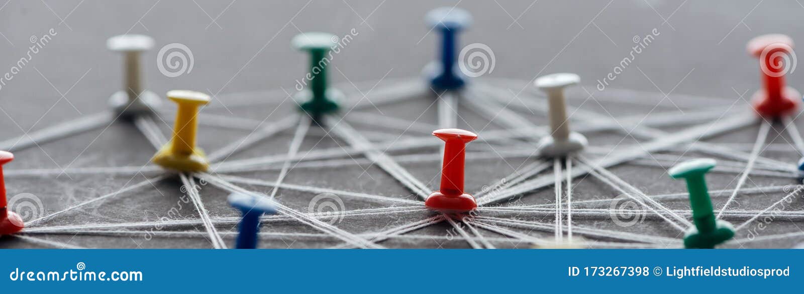 Panoramic Shot of Colorful Push Pins Connected with Strings Isolated on ...
