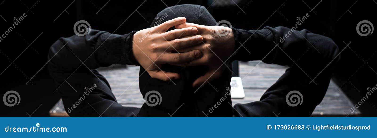 Panoramic Shot of Hooded Hacker with Stock Image - Image of technology ...