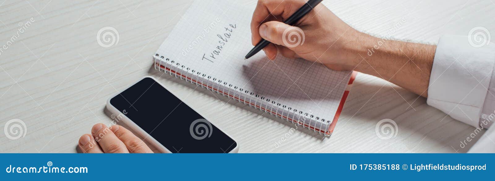 Panoramic Shot of Male Translator Writing Stock Photo - Image of ...