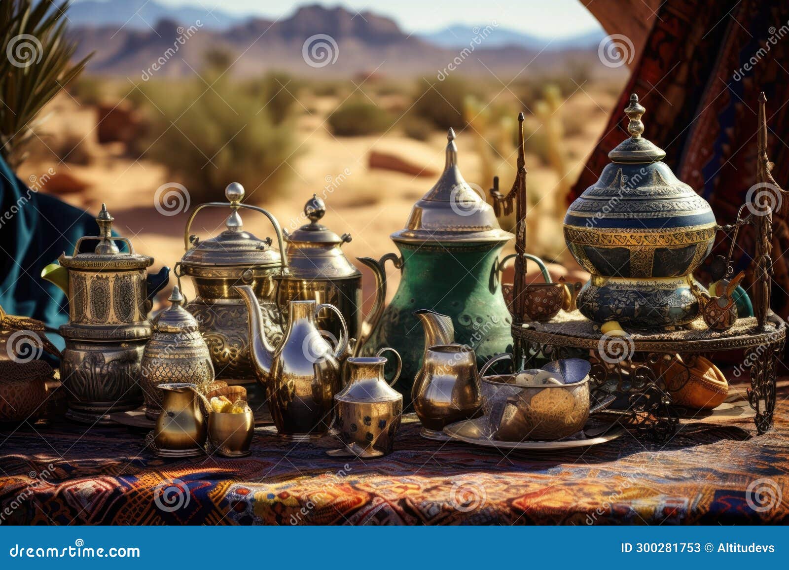 A Panoramic Shot of a Moroccan Tea Set Up in a Desert Setting Stock ...