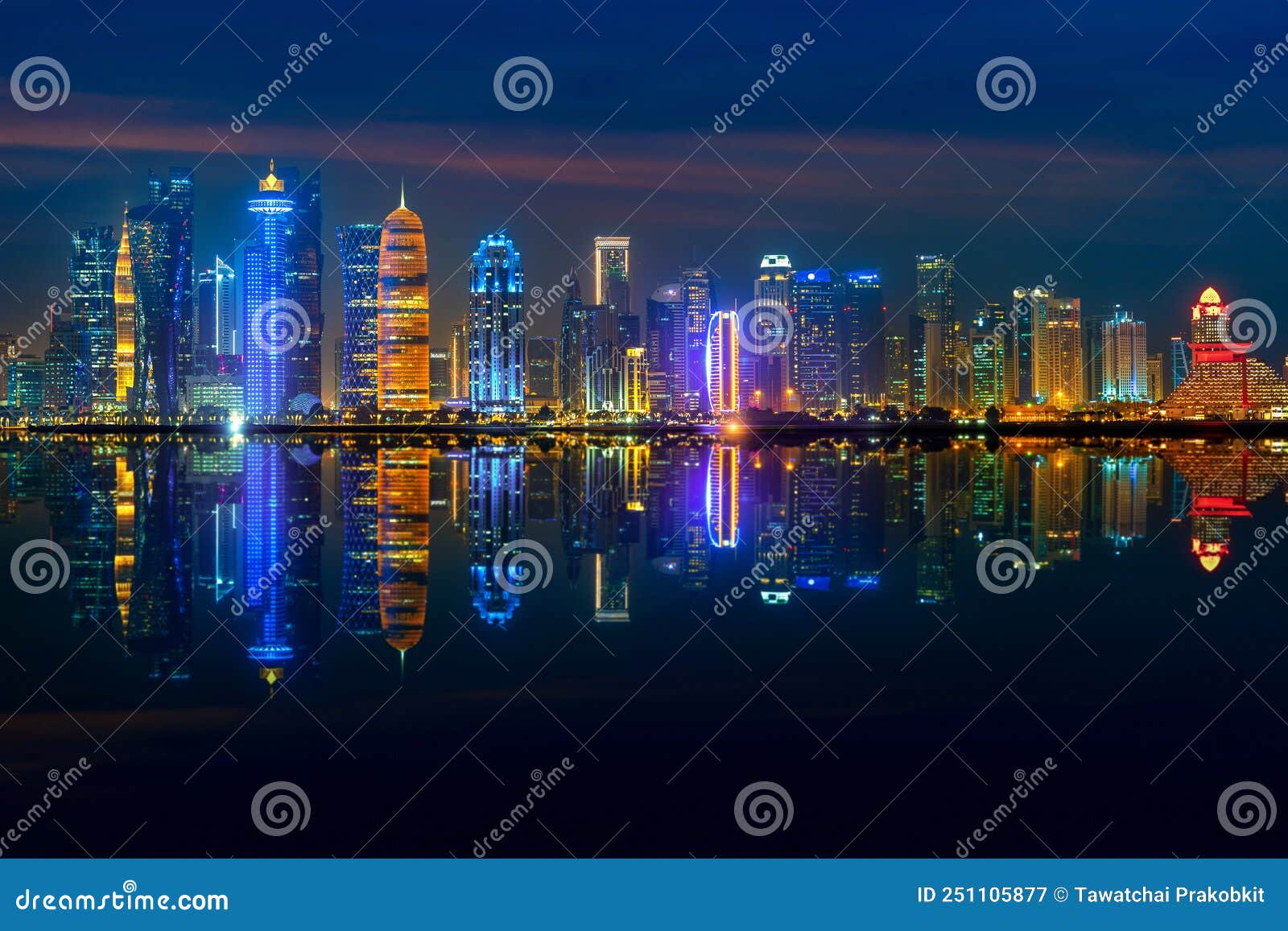 Panoramic Skyline of Doha City at Night, Qatar. Stock Image - Image of ...