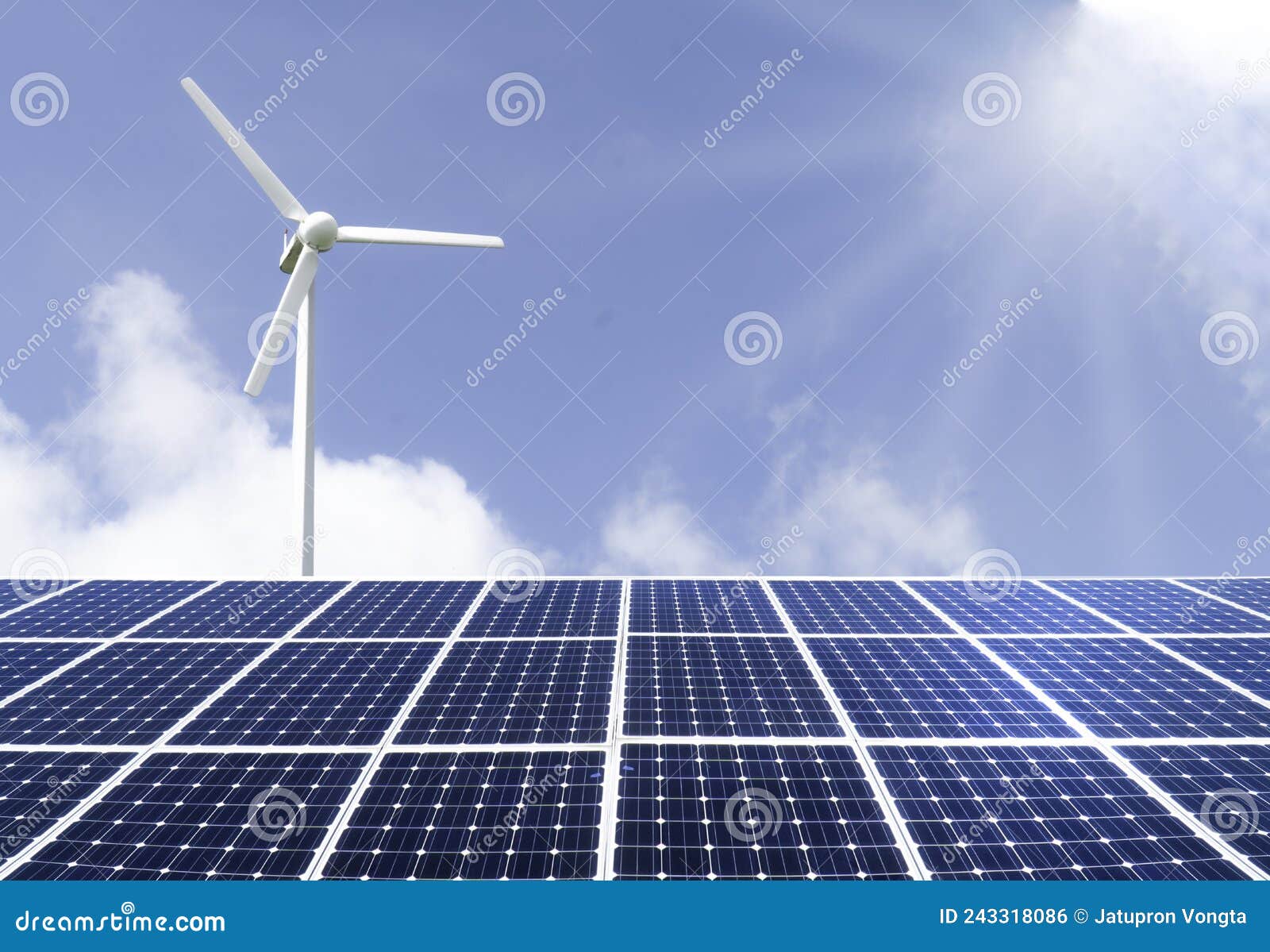 Panoramic - Solar Panels with Wind Turbines Stock Photo - Image of ...
