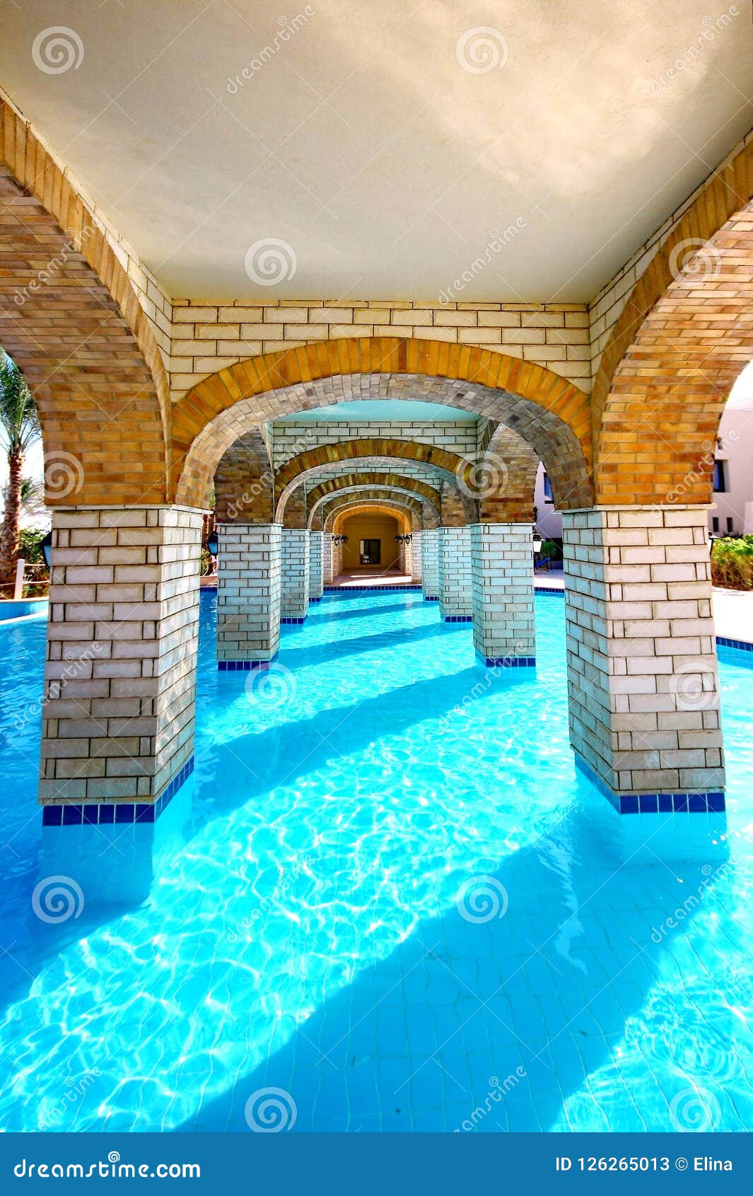 Panoramic Swimming Pool Under Bridge in Resort Stock Image - Image of ...