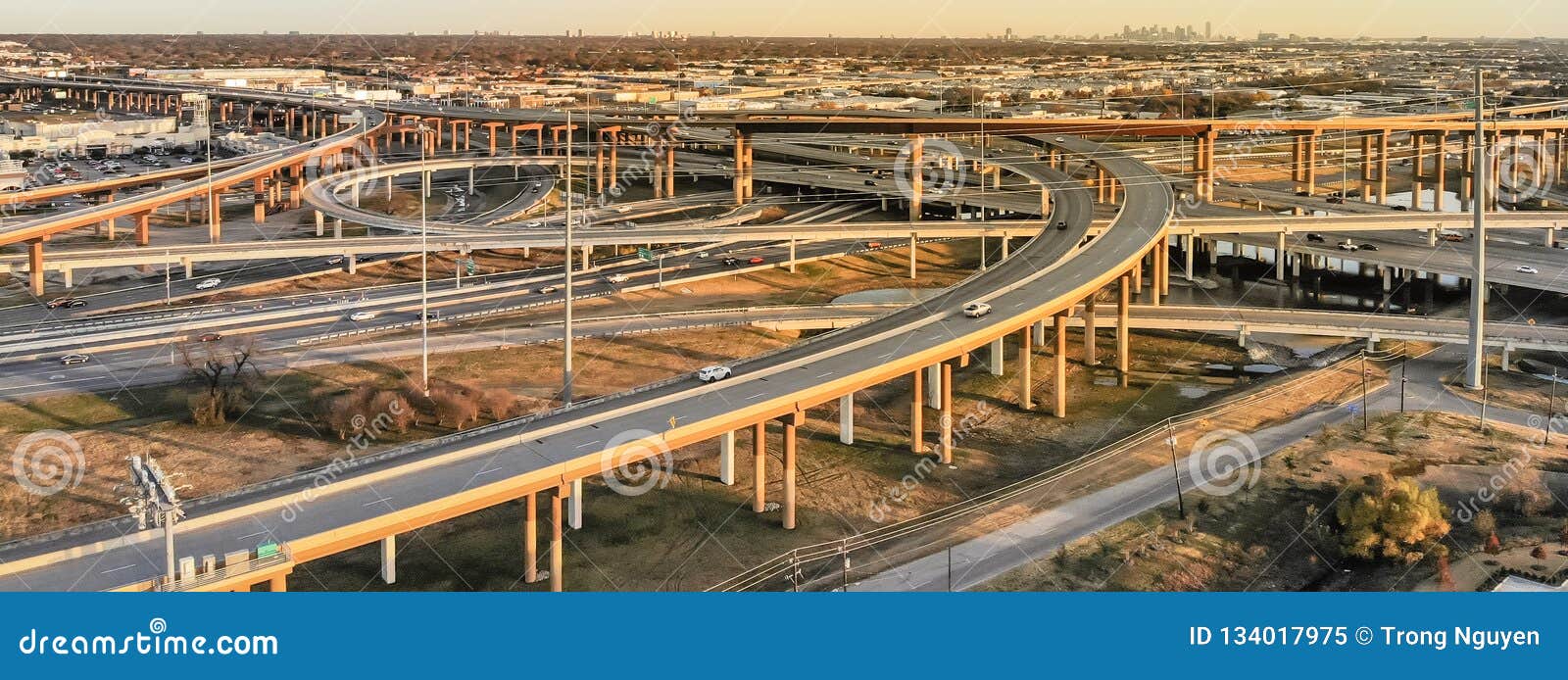 Panoramic Top View Stack Highway Viaduct with Traffic Near Dallas ...