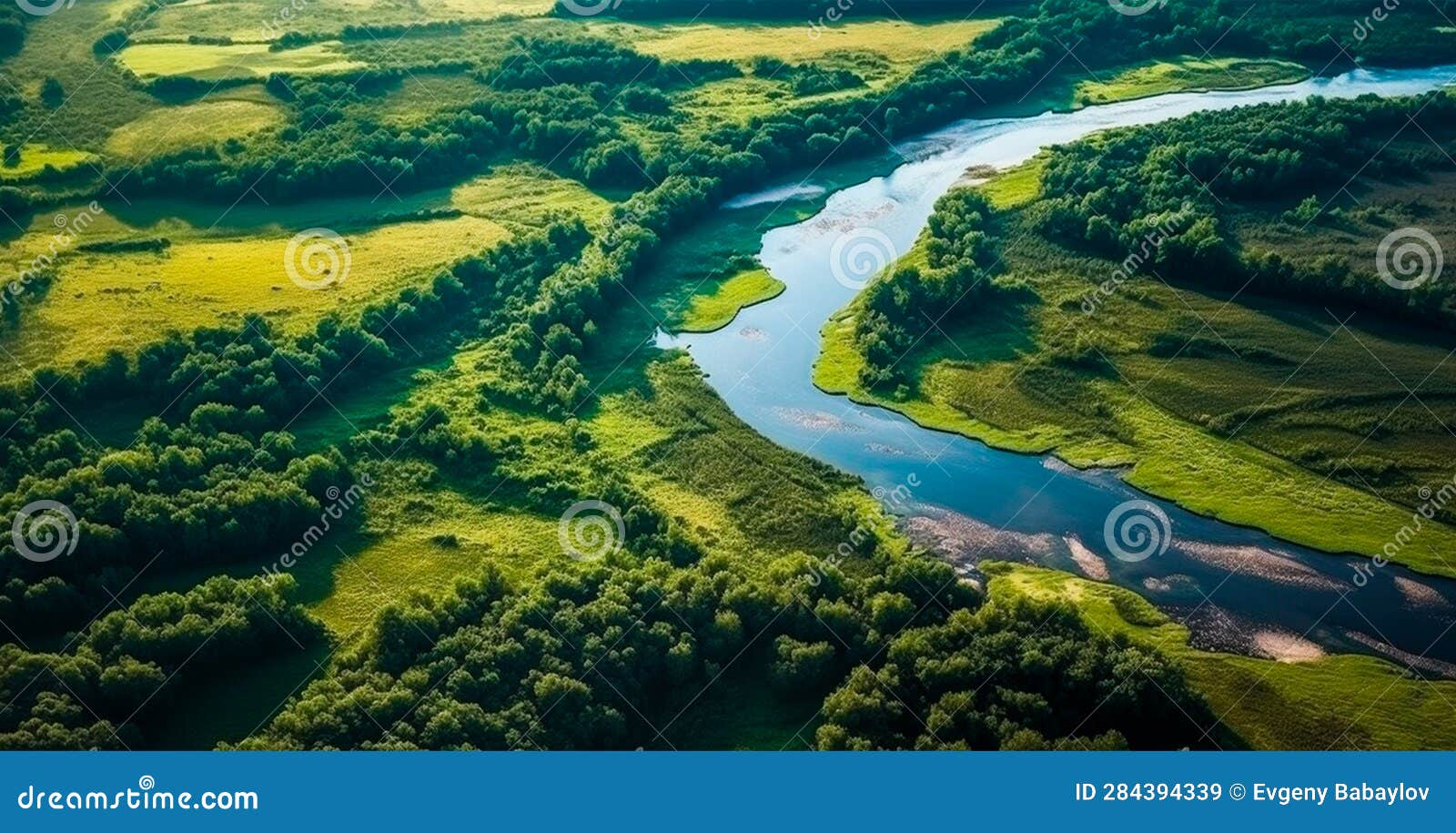 Panoramic Top View of a Winding River Surrounded by Dense Forest and ...