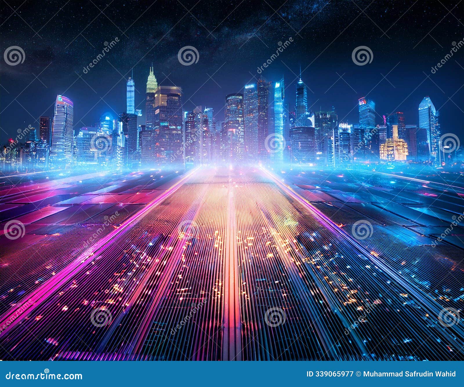 Cityscape with Space and Neon Light Effects. Abstract Digital High-tech ...
