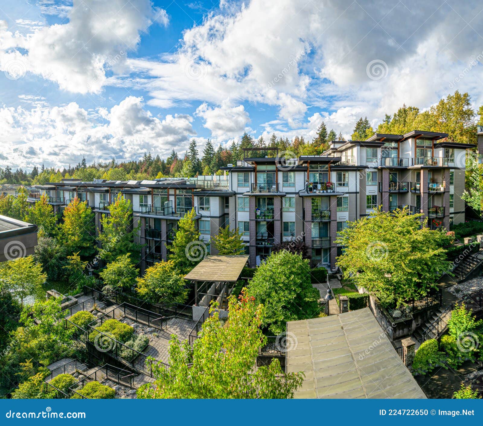 Panoramic Veiw of Residential Building on Cloudy Sky Background Stock ...