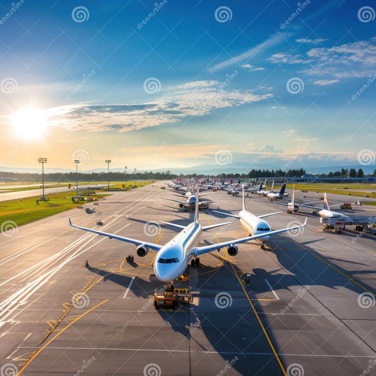 Panoramic View of an Airport Runway with Planes Parked and in Motion ... Panoramic View of an Airport Runway with Planes Parked and in Motion ...