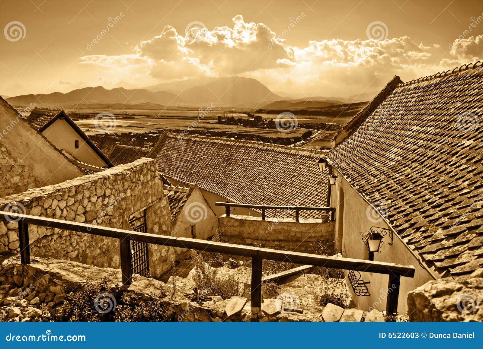 Panoramic View of Ancient Rural Town in Sepia Stock Image - Image of ...