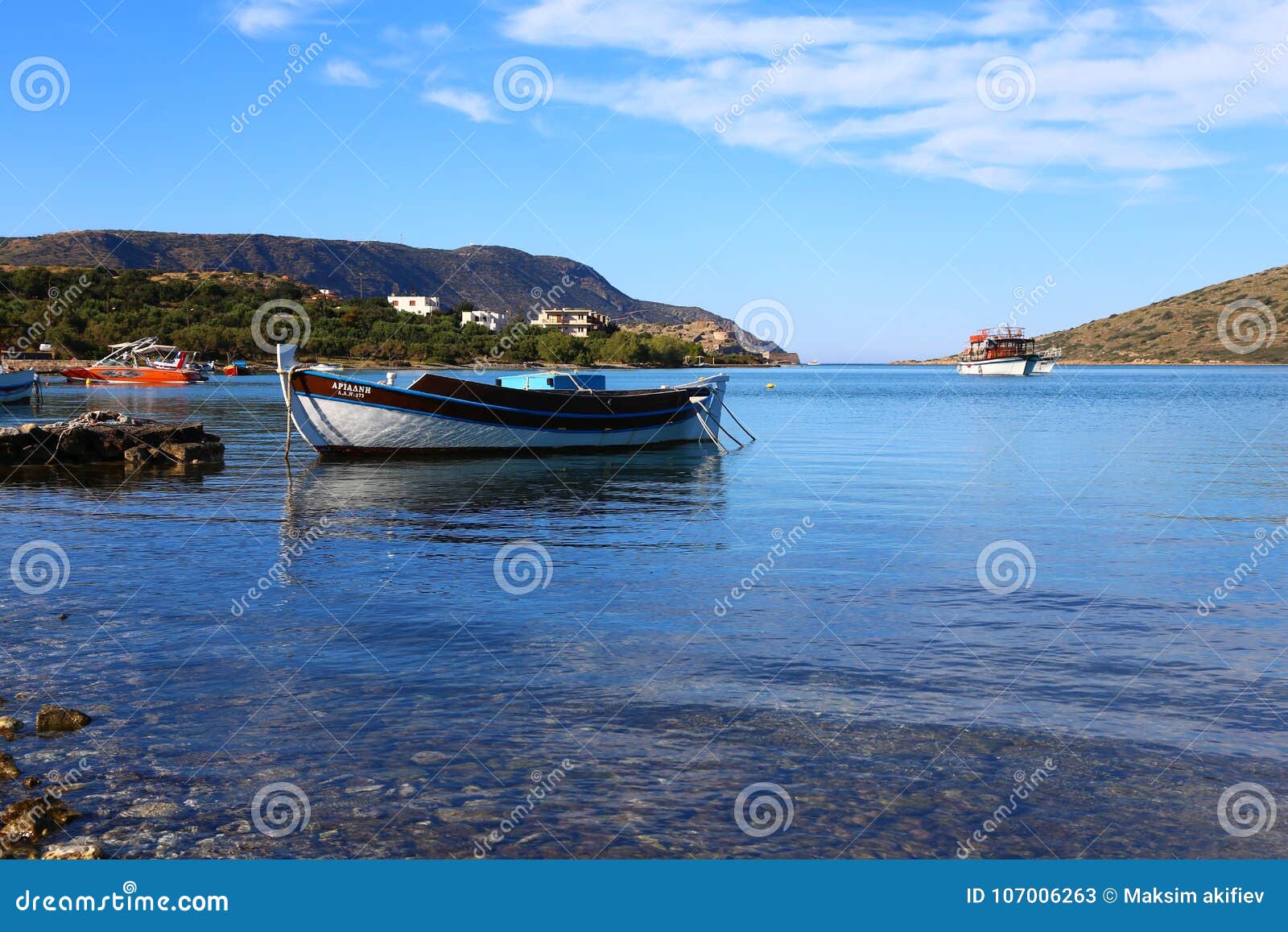 Panoramic View of the Boat on the Clear Water on the Island of Crete ...