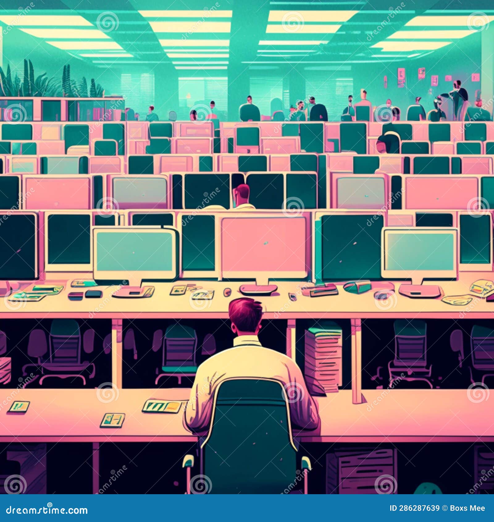 Panoramic View of a Busy Computer Room in a Modern Office AI Generated ...