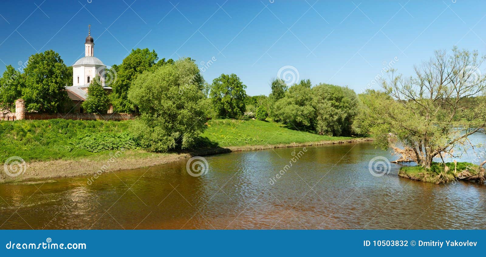 Panoramic View of Church Over River Stock Photo - Image of landscaped ...