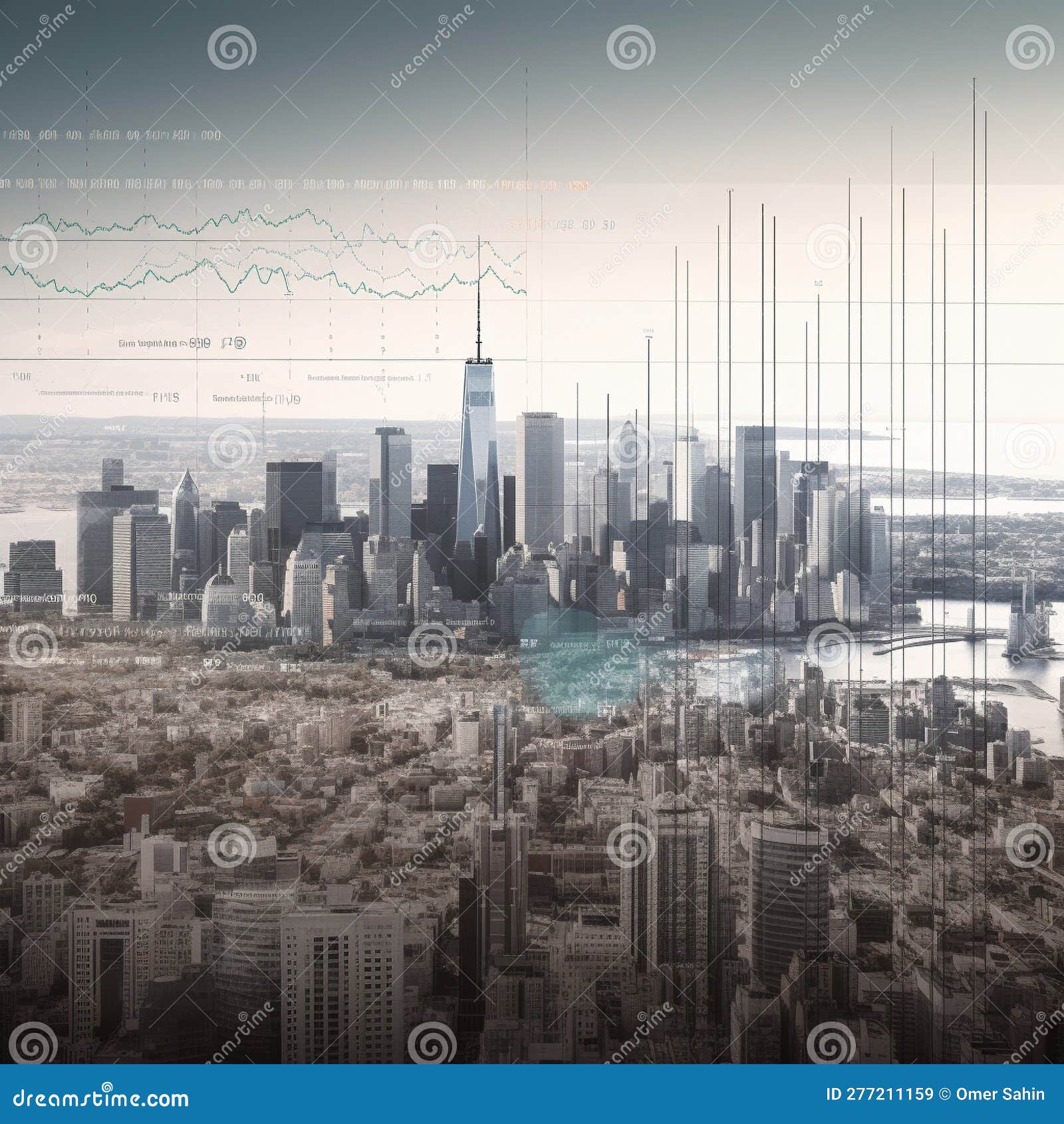 Panoramic View of City Skyline with Chart and Graph Superimposed Over ...