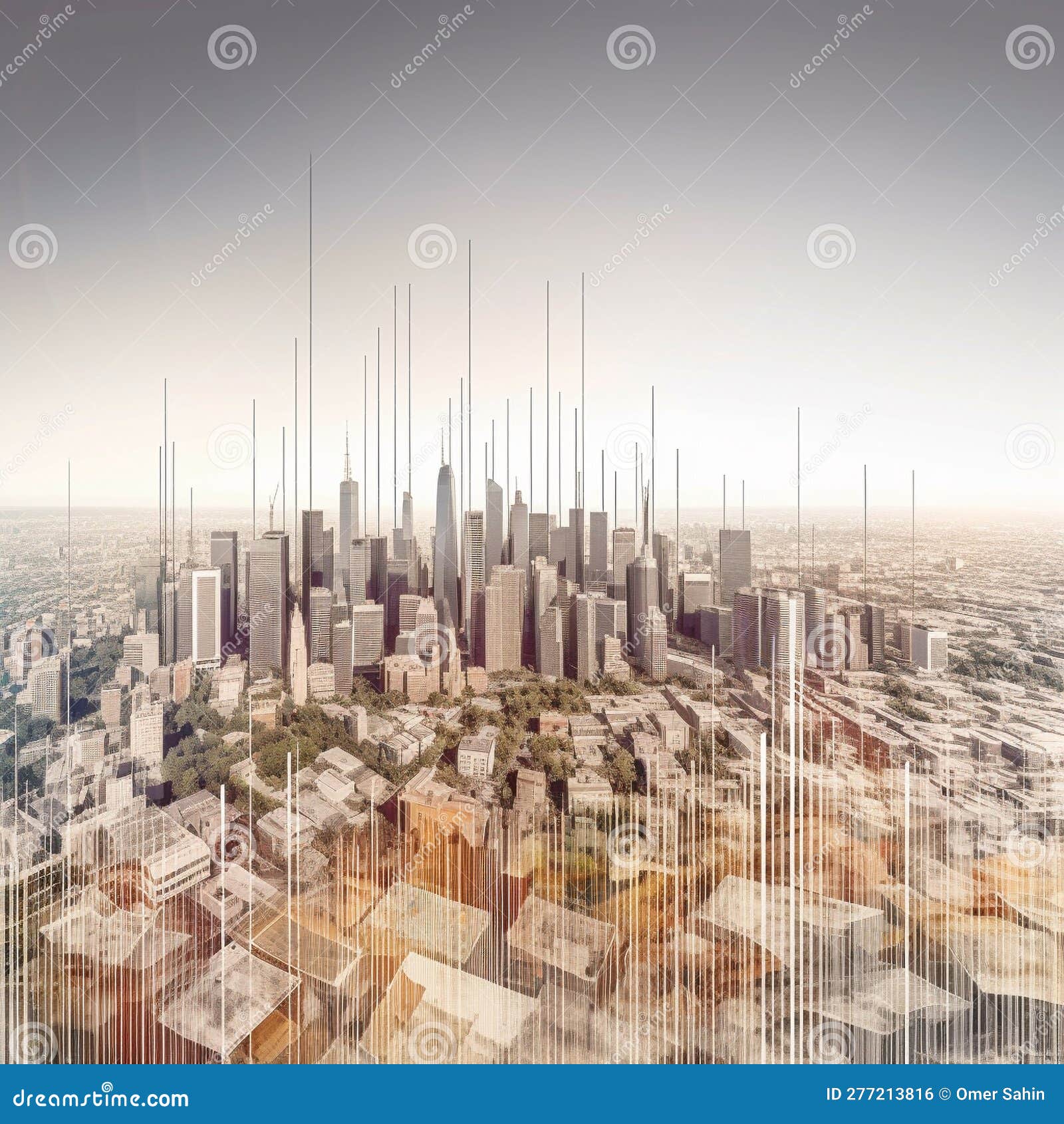 Panoramic View of City Skyline with Chart and Graph Superimposed Over ...