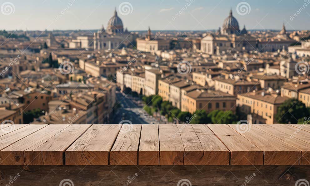 Panoramic View Cityscape, with Wooden Table in the Foreground and Two ...