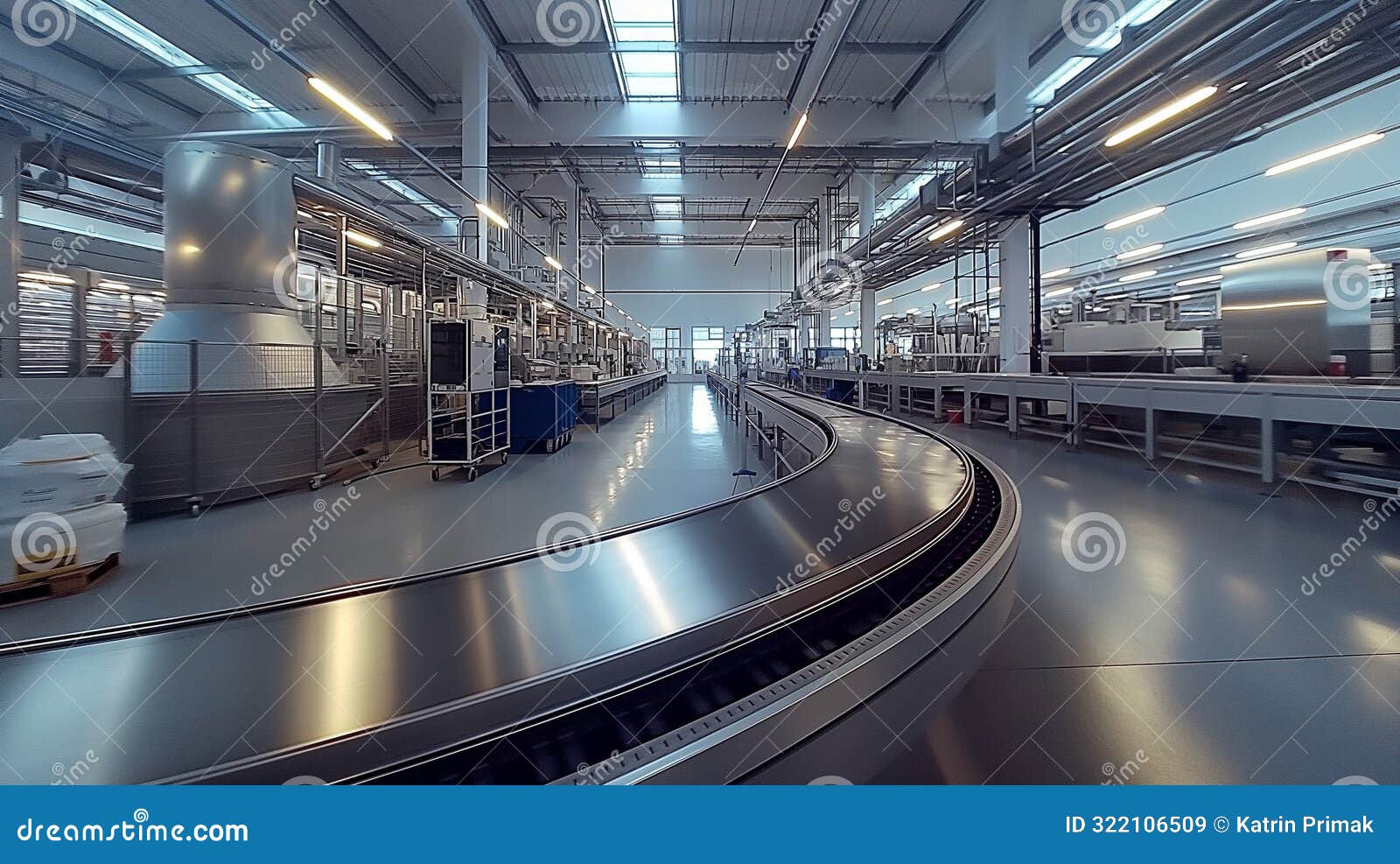A Panoramic View of a Clean, High-tech Factory with Conveyor Belts and ...