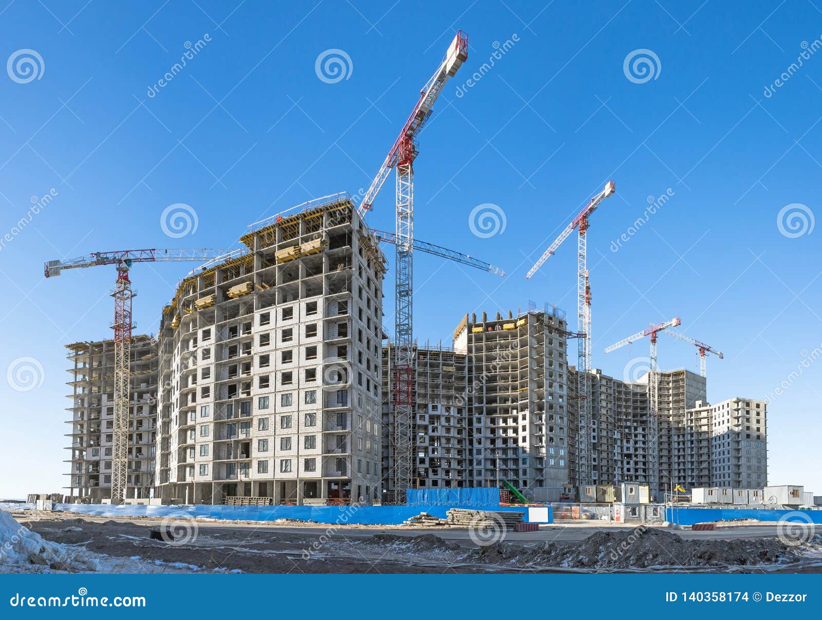 Panoramic View of a Construction Site with High Cranes of Apartment ...