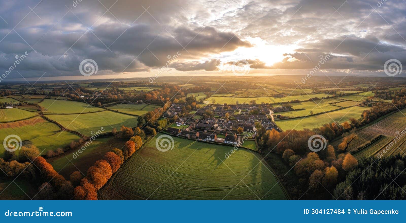 A Panoramic View of Country Fields and Houses from a Drone Stock Photo ...