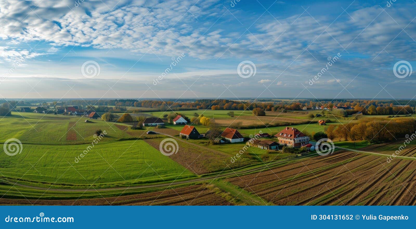 A Panoramic View of Country Fields and Houses from a Drone Stock Photo ...