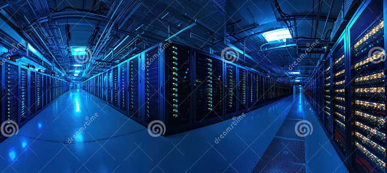 Panoramic View of a Data Center with Rows of Servers and Blue Lighting ...