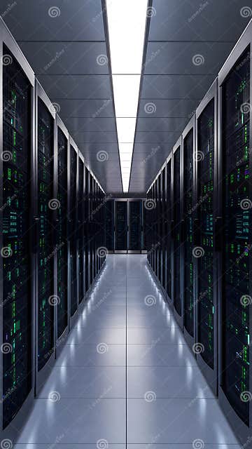 Panoramic View of Data Center with Rows of Servers Stock Illustration ...