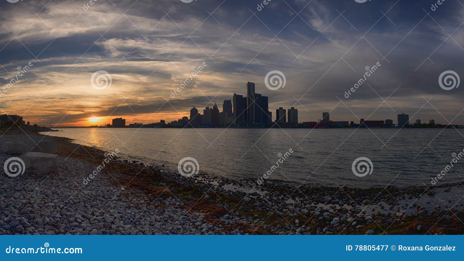 Panoramic View of Detroit Skyline at Sunset Stock Image - Image of ...