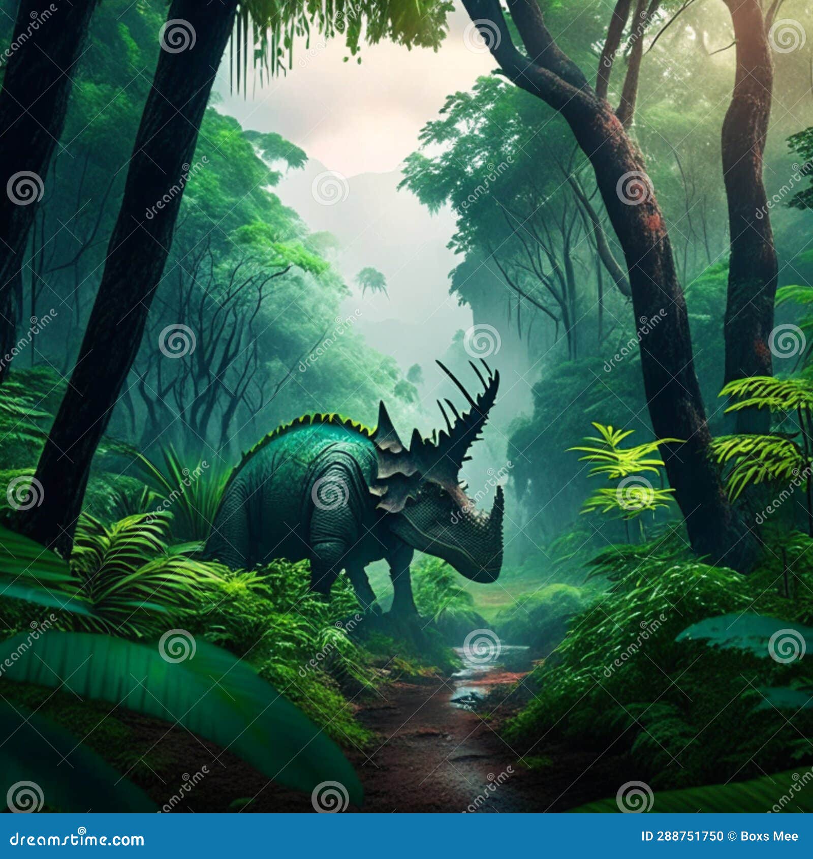 Panoramic View of a Dinosaur in the Forest. 3d Rendering AI Generated ...