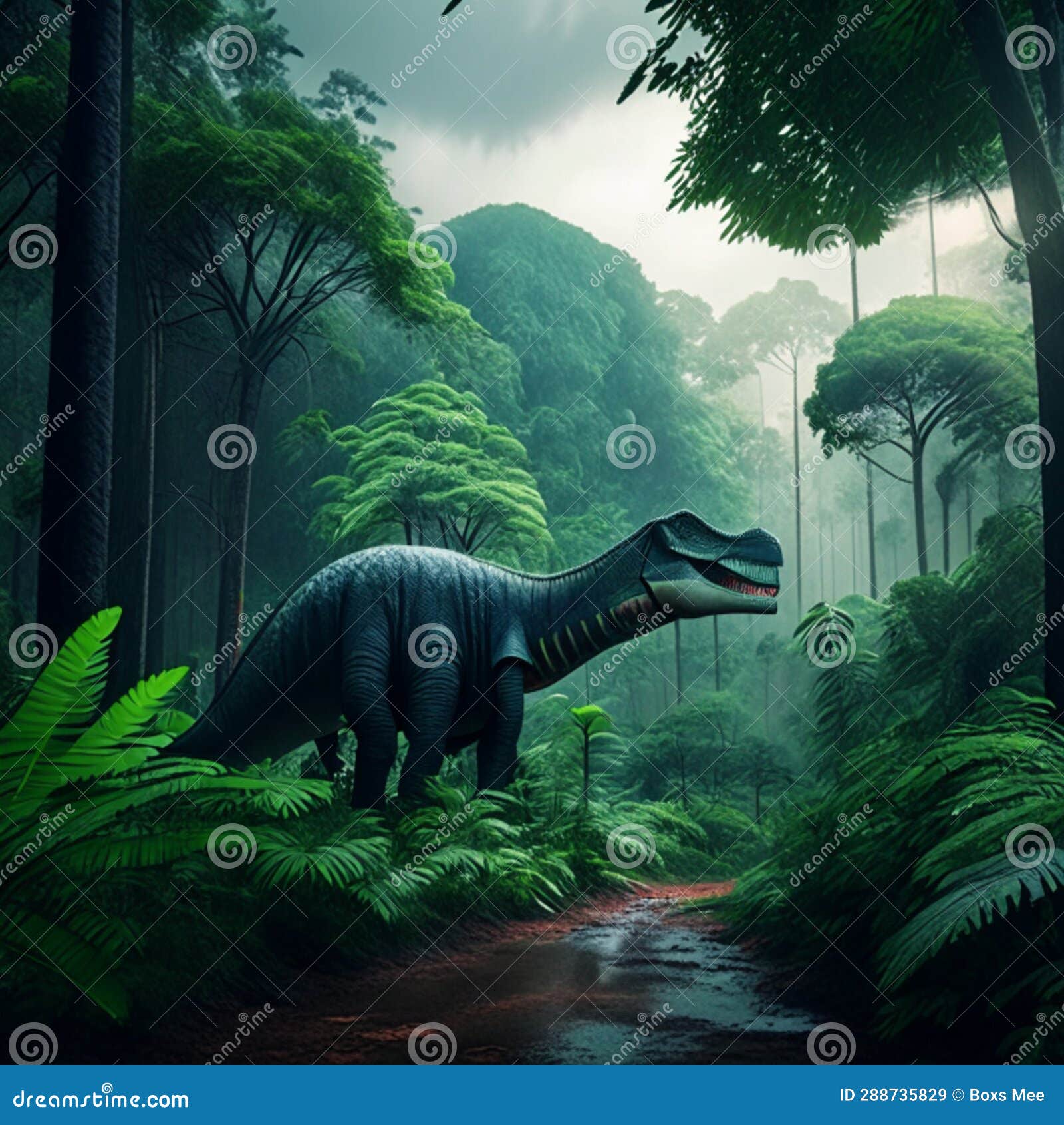 Panoramic View of a Dinosaur in the Forest. 3d Rendering AI Generated ...