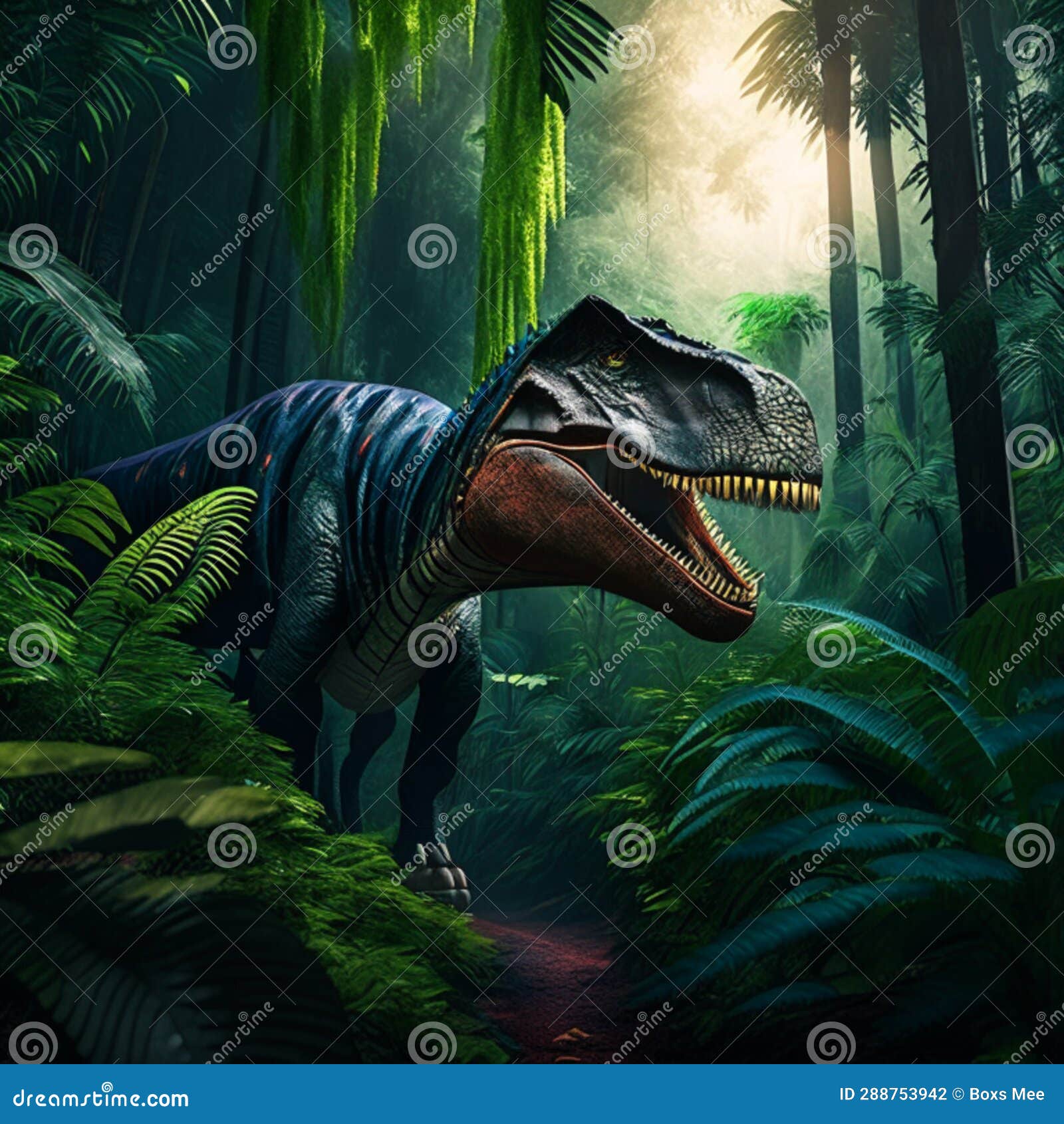 Panoramic View of a Dinosaur in the Jungle. 3d Rendering Generative AI ...