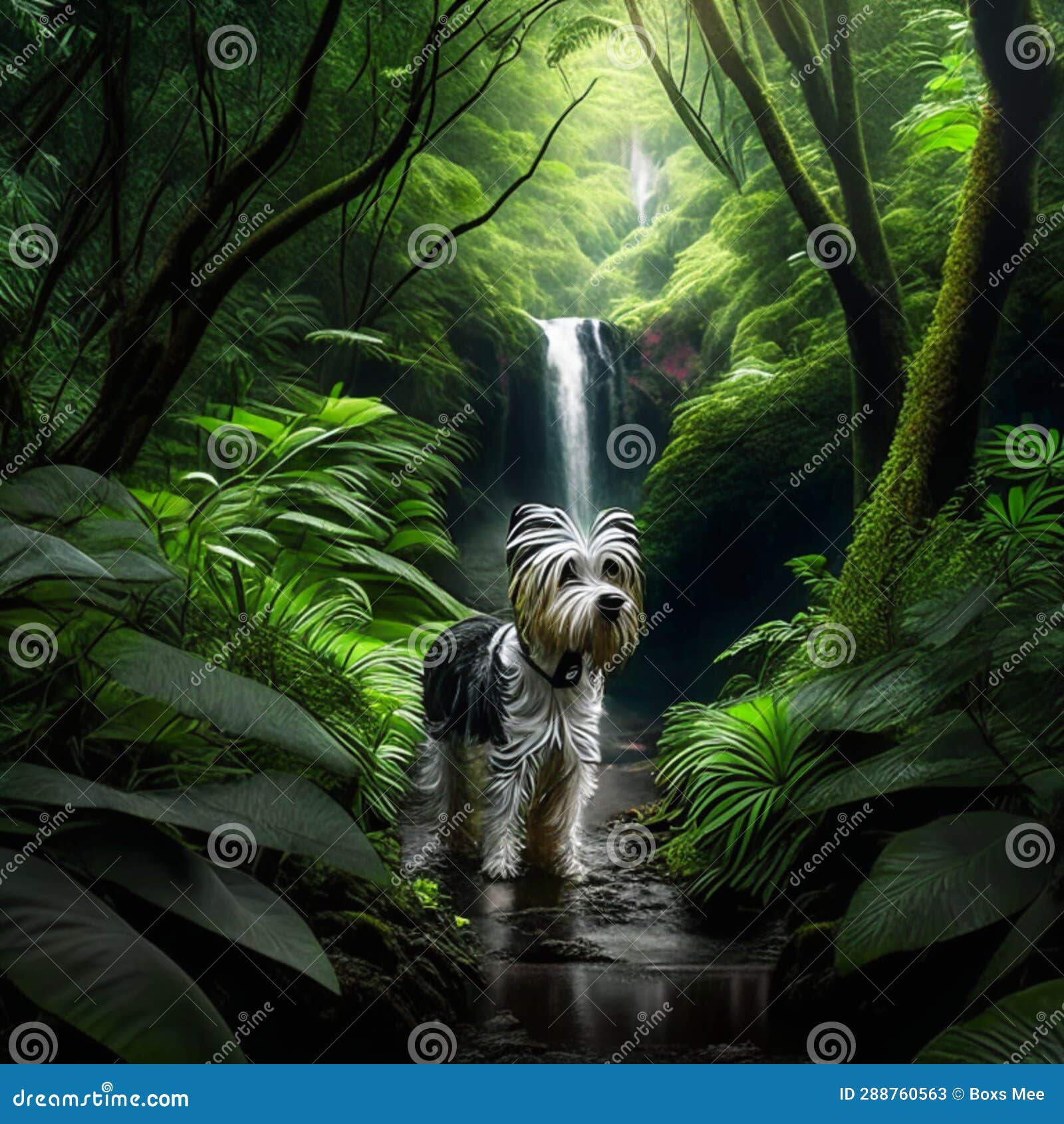 Panoramic View of a Dog Standing in a Stream in a Rainforest Generative ...