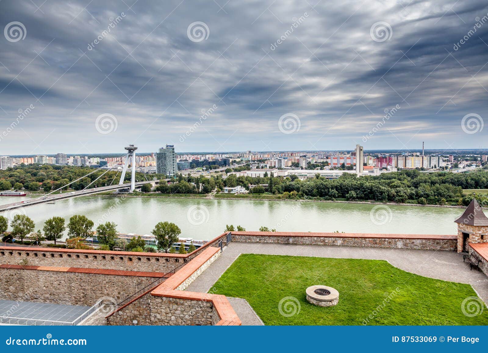 Panoramic View with Dramatic Sky Over Bratislava Skyline and River ...