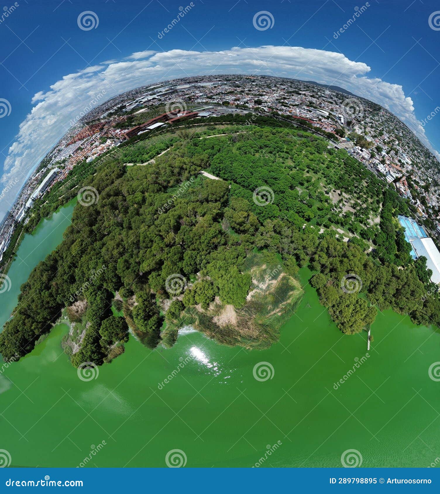Panoramic View of Earth, Water, Vegetation, Sky with Human ...