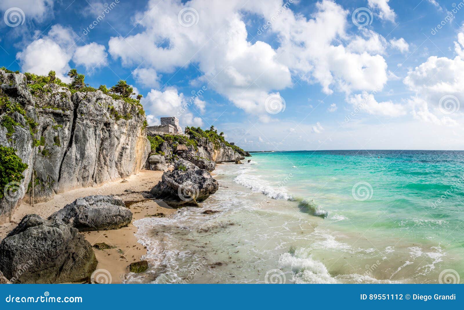 Panoramic View of El Castillo and Caribbean Beach - Mayan Ruins of ...