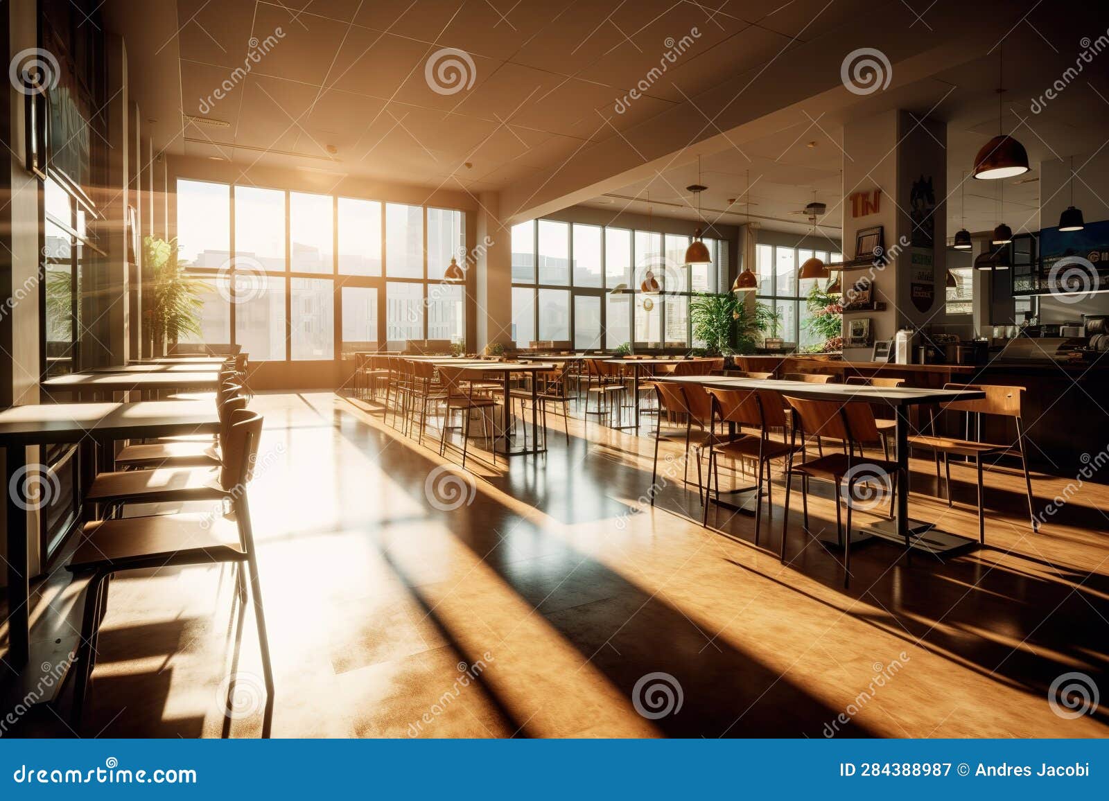 Panoramic View of Empty Cafeteria with Soft Morning Light Stock ...