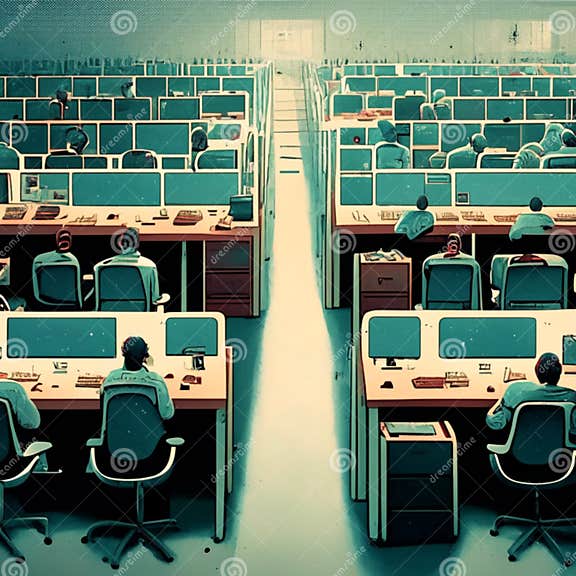 Panoramic View of an Empty Classroom with Rows of Computer Desks Generative AI Stock ...