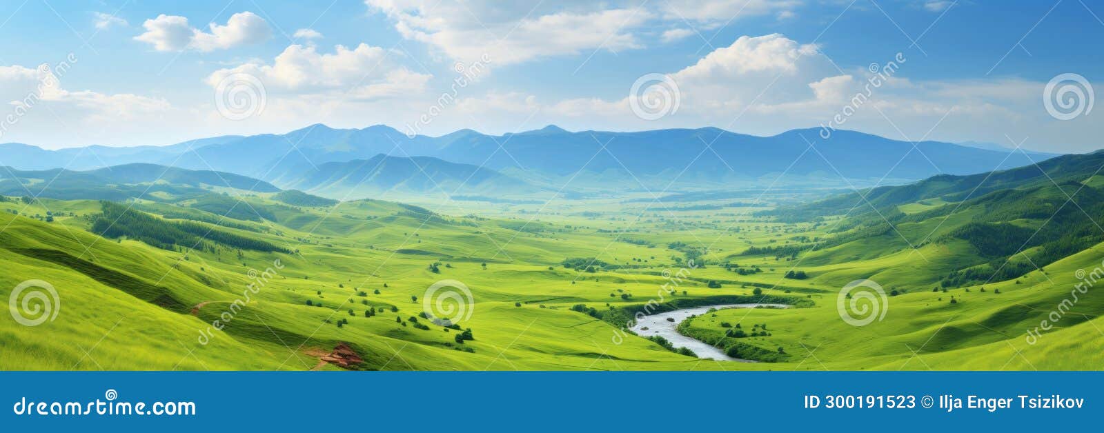 Panoramic View of Endless Green Fields Under a Serene Blue Sky with ...