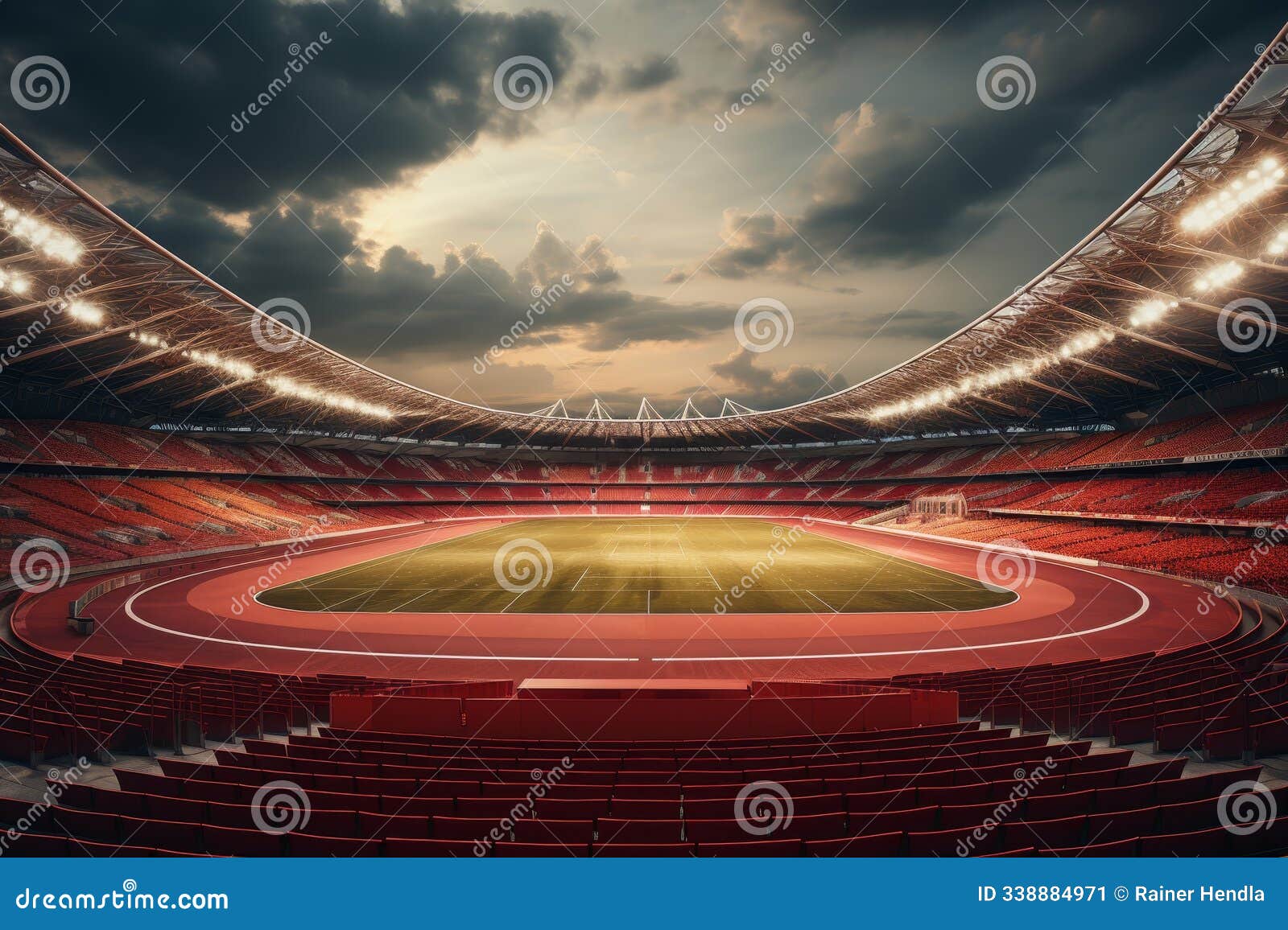 Empty Stadium with Red Seats and Running Track Under Cloudy Sky at ...