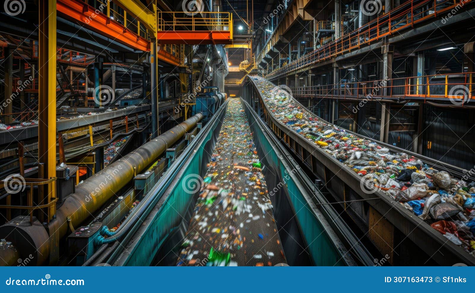 Panoramic View of an Extensive Recycling Plant Conveyor System Sorting ...