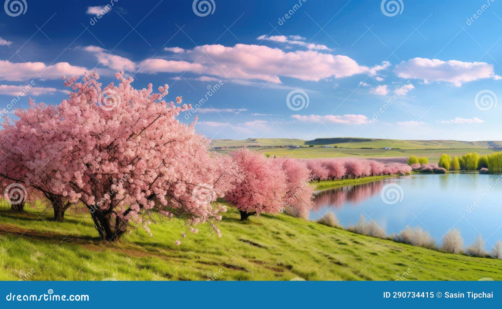 Panoramic View of the Field Waves with Blossoming Trees Stock Image ...