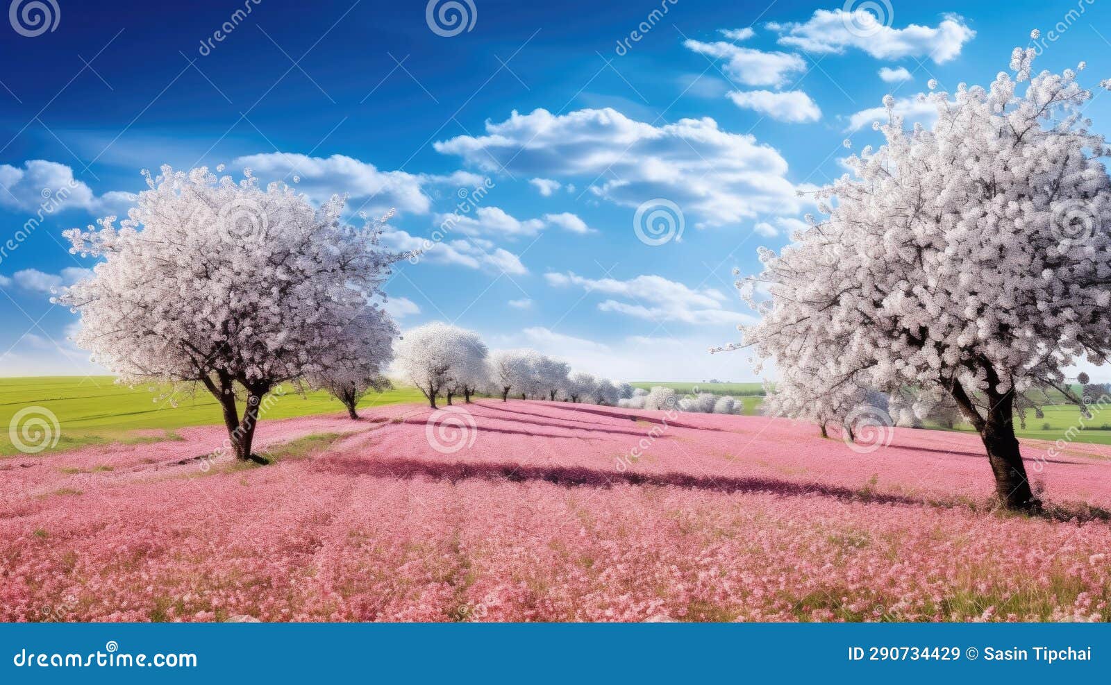 Panoramic View of the Field Waves with Blossoming Trees Stock ...