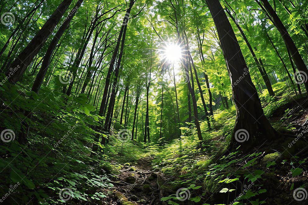 Panoramic View of a Forest in Spring with Sun Rays Stock Illustration ...