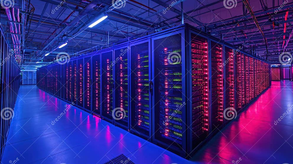 Panoramic View of High-Tech Data Center with Flashing Server Lights for ...