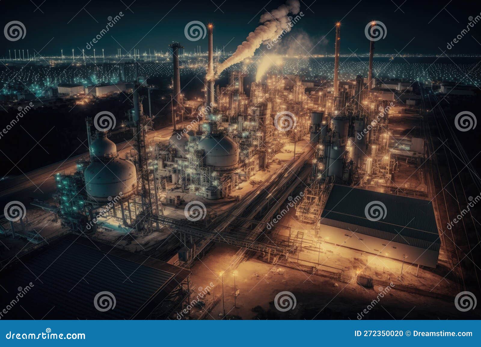Panoramic View from Hill of Oil Processing Plant at Night from Above ...