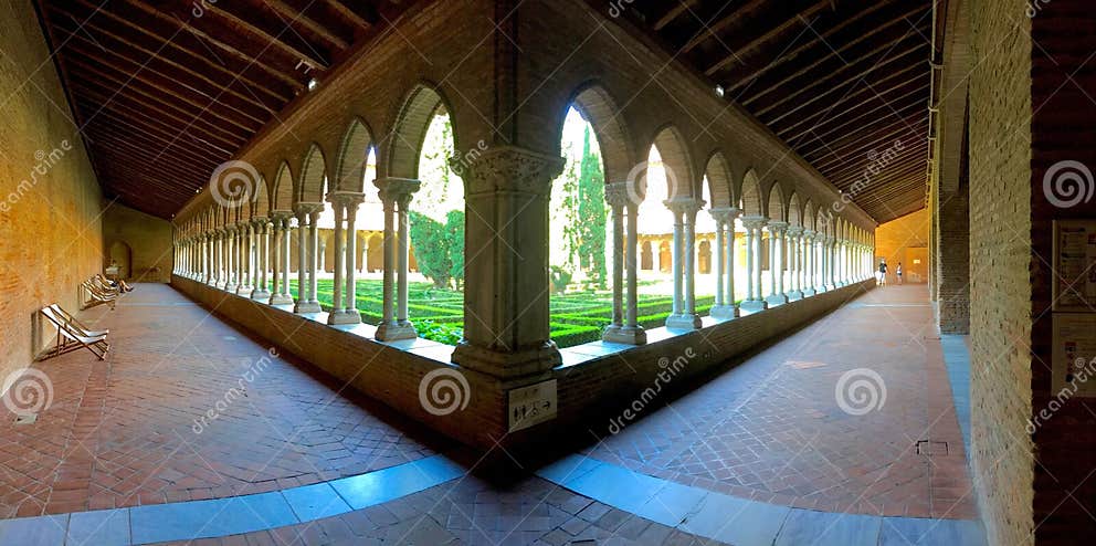 Panoramic View of a Historic Cloister with Arched Columns. Stock Image ...