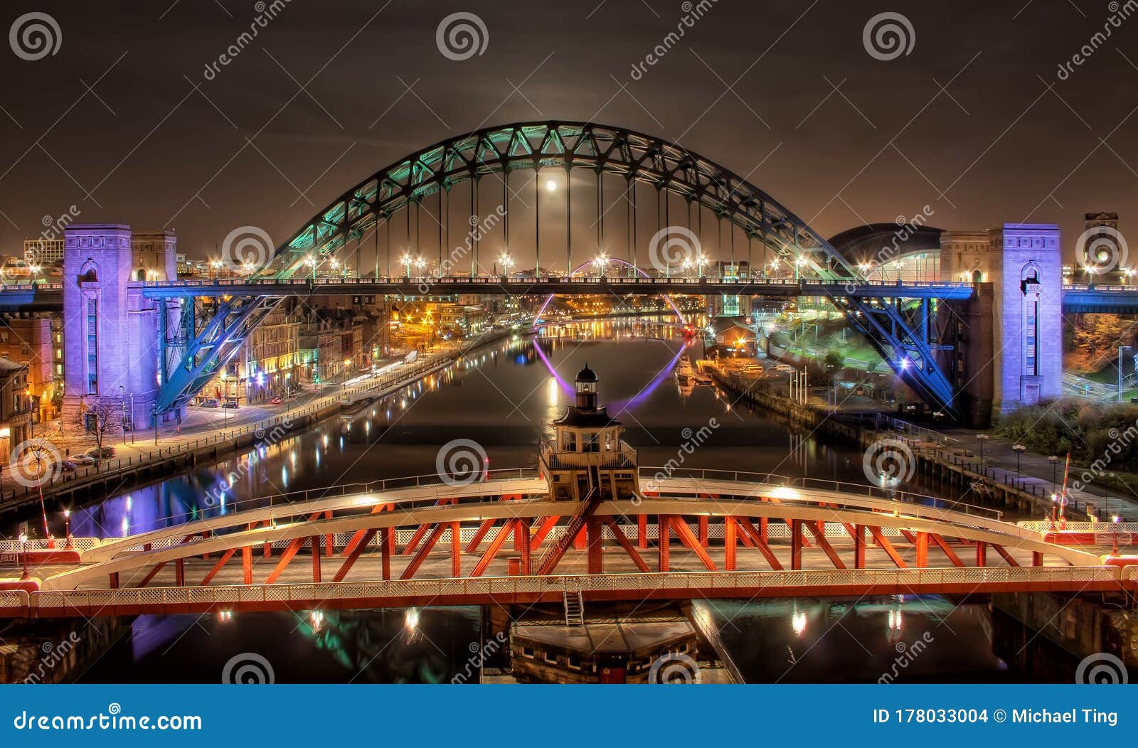 Panoramic View of the Tyne Bridge and River Tyne Under Moonlight at ...