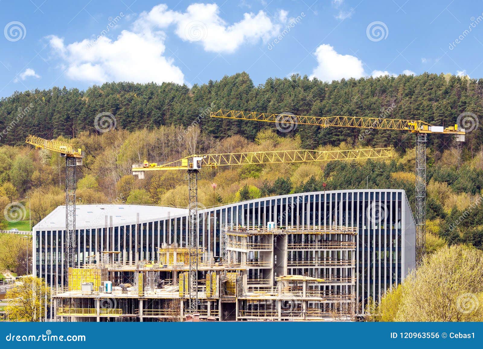 Panoramic View of Industrial Construction Site with Cranes Stock Photo ...