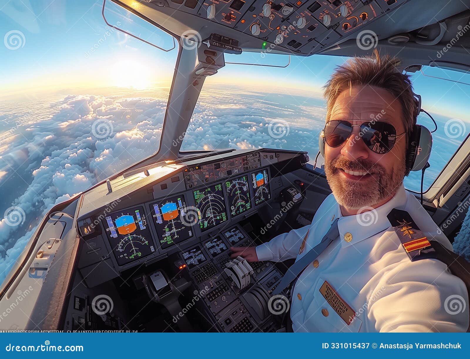 A Panoramic View Inside a Commercial Airplane Cockpit, Showing the ...