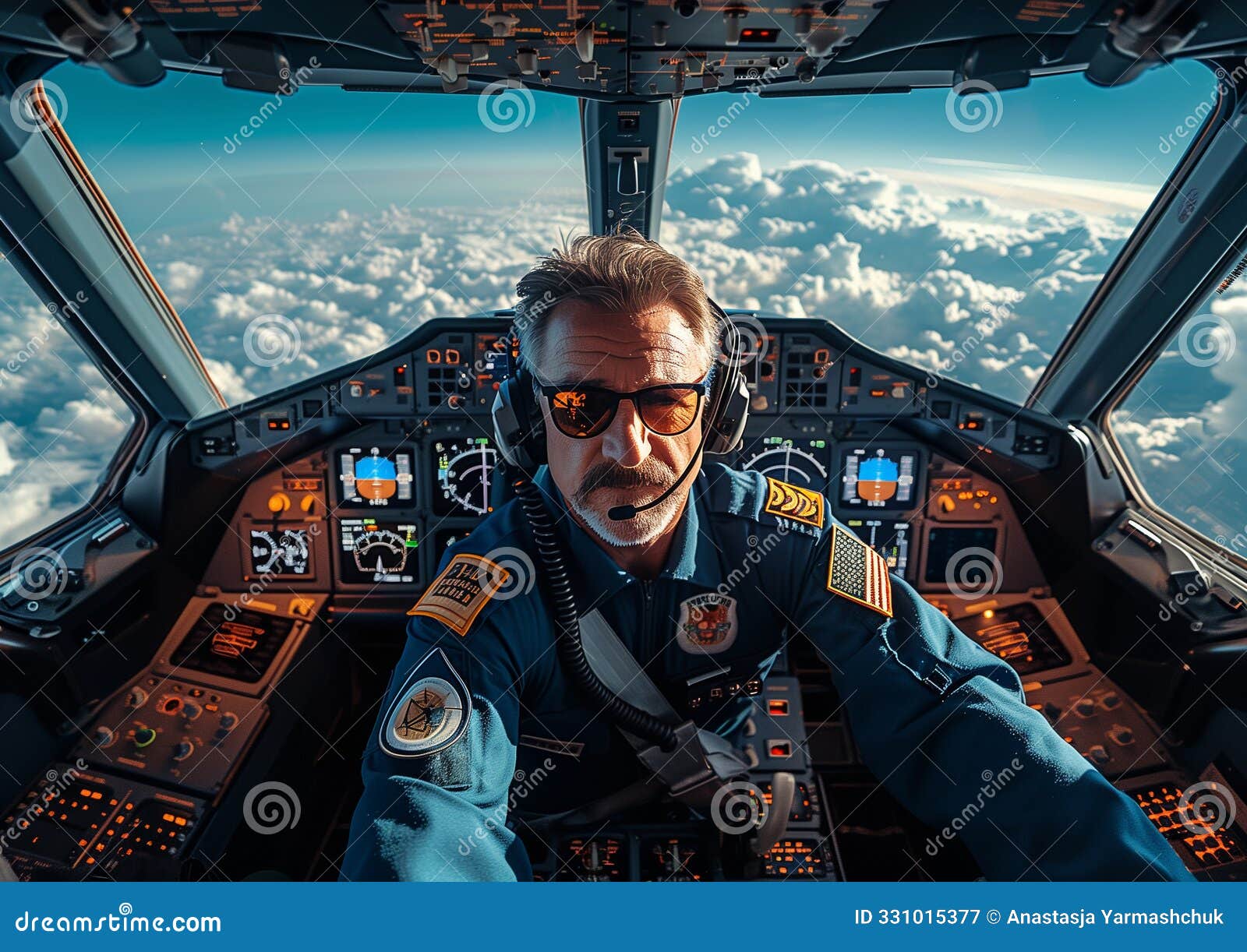 A Panoramic View Inside a Commercial Airplane Cockpit, Showing the ...