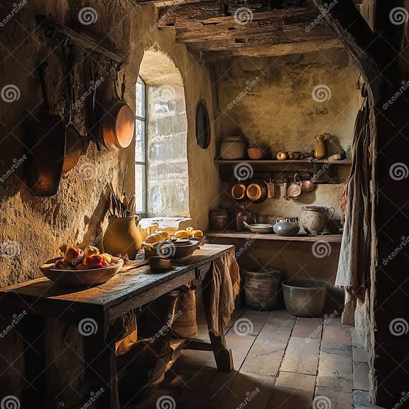 Panoramic View of the Interior of a Rustic Kitchen in a Medieval Castle ...